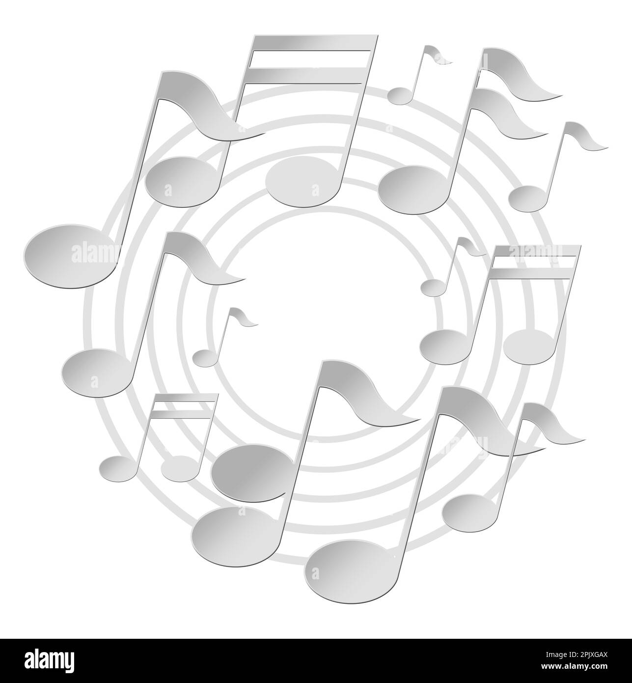 White and gray musical notes on a musical staff in the shape of a ...