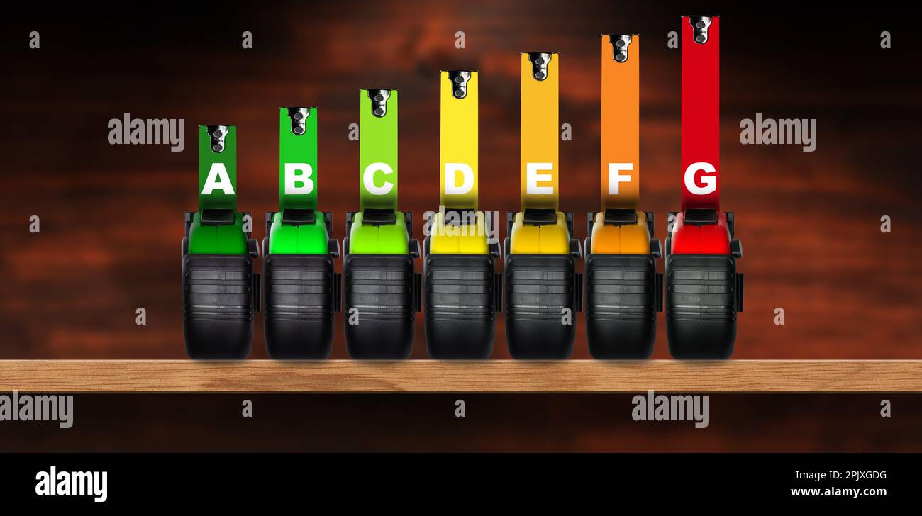 House energy efficiency rating concept. Group of tape measures with ...
