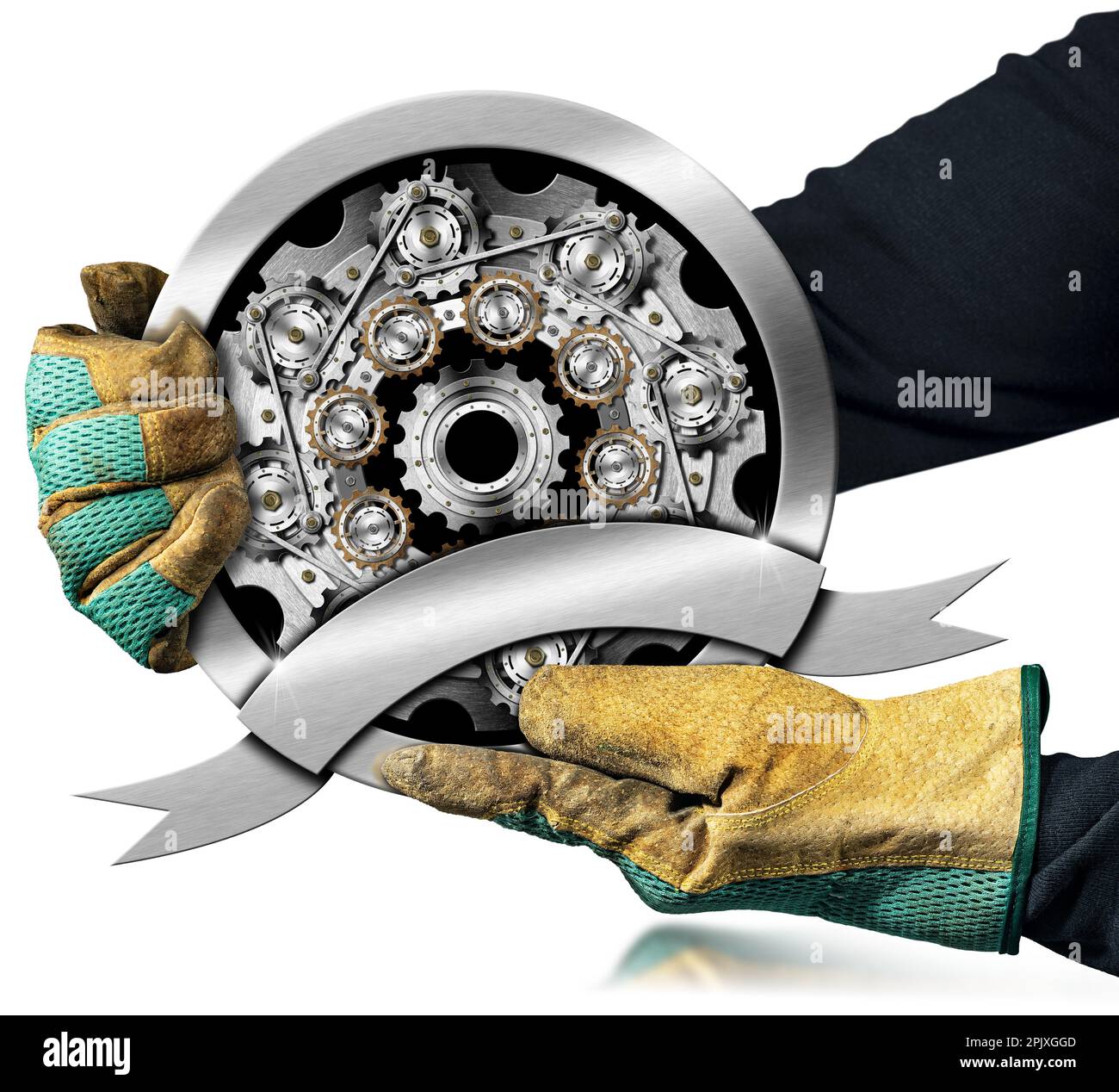 Hands with protective work gloves holding a round metal icon or symbol ...