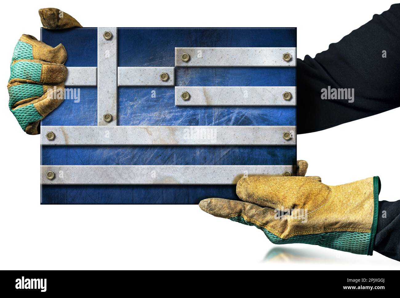 Manual worker with protective work gloves holding a metal national flag ...