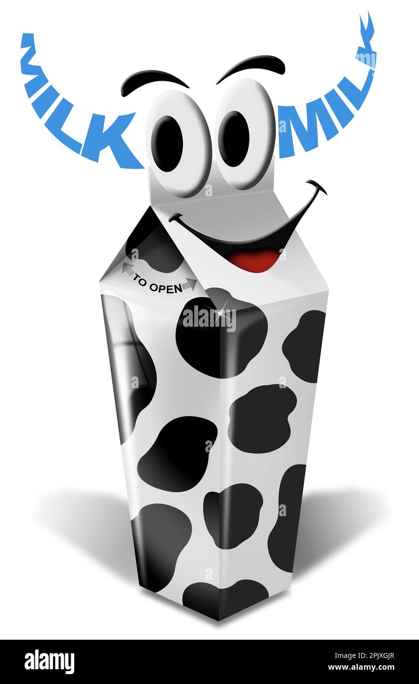 Cardboard milk carton with smiling face, cow shaped, cartoon style ...