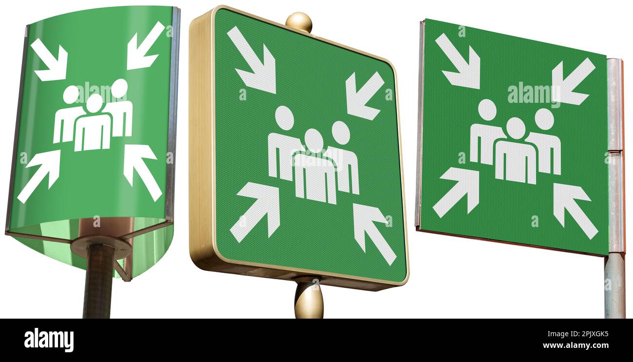 Emergency assembly point sign. Sign indicating where people should ...