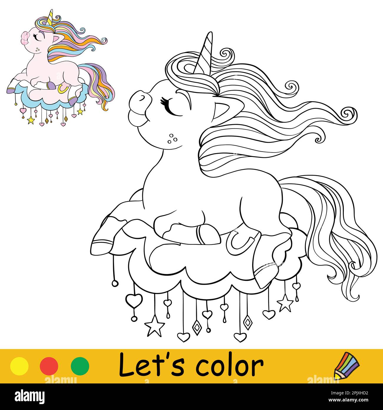 Cute happy unicorn on a cloud. Kids coloring book page with color ...