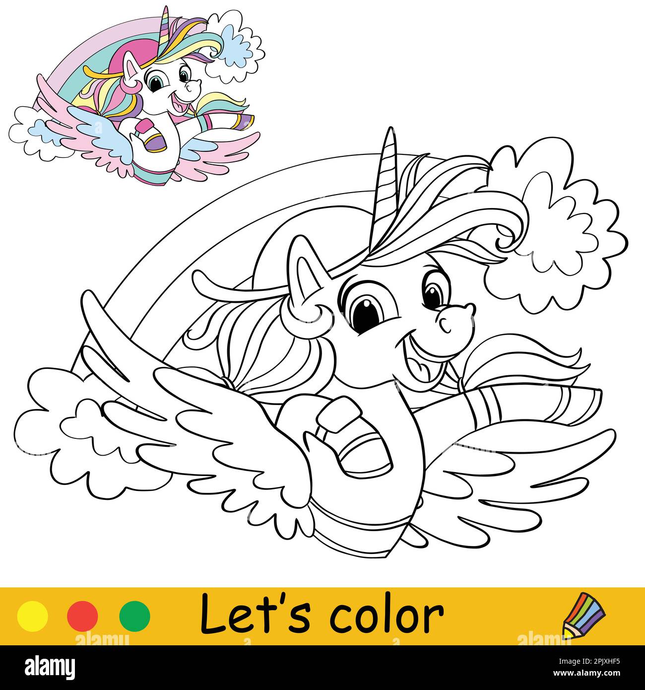 Cute happy unicorn with rainbow. Kids coloring book page with color ...