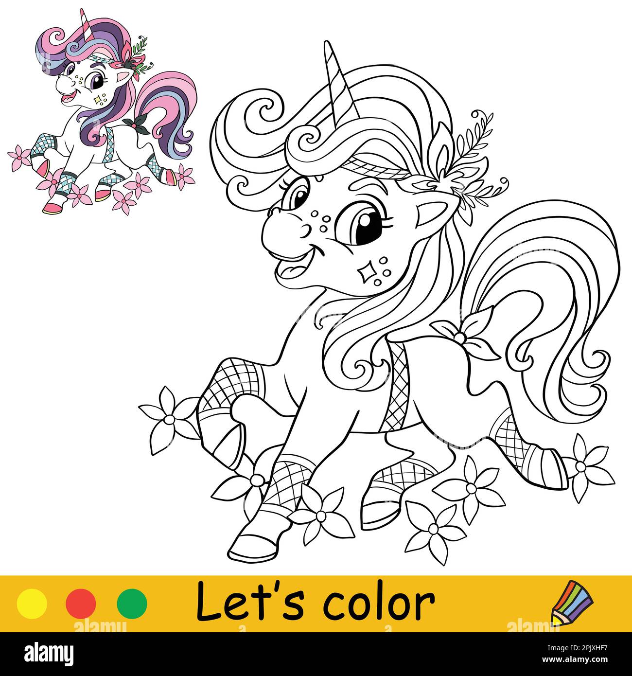 Cute happy unicorn with flowers. Kids coloring book page with color ...