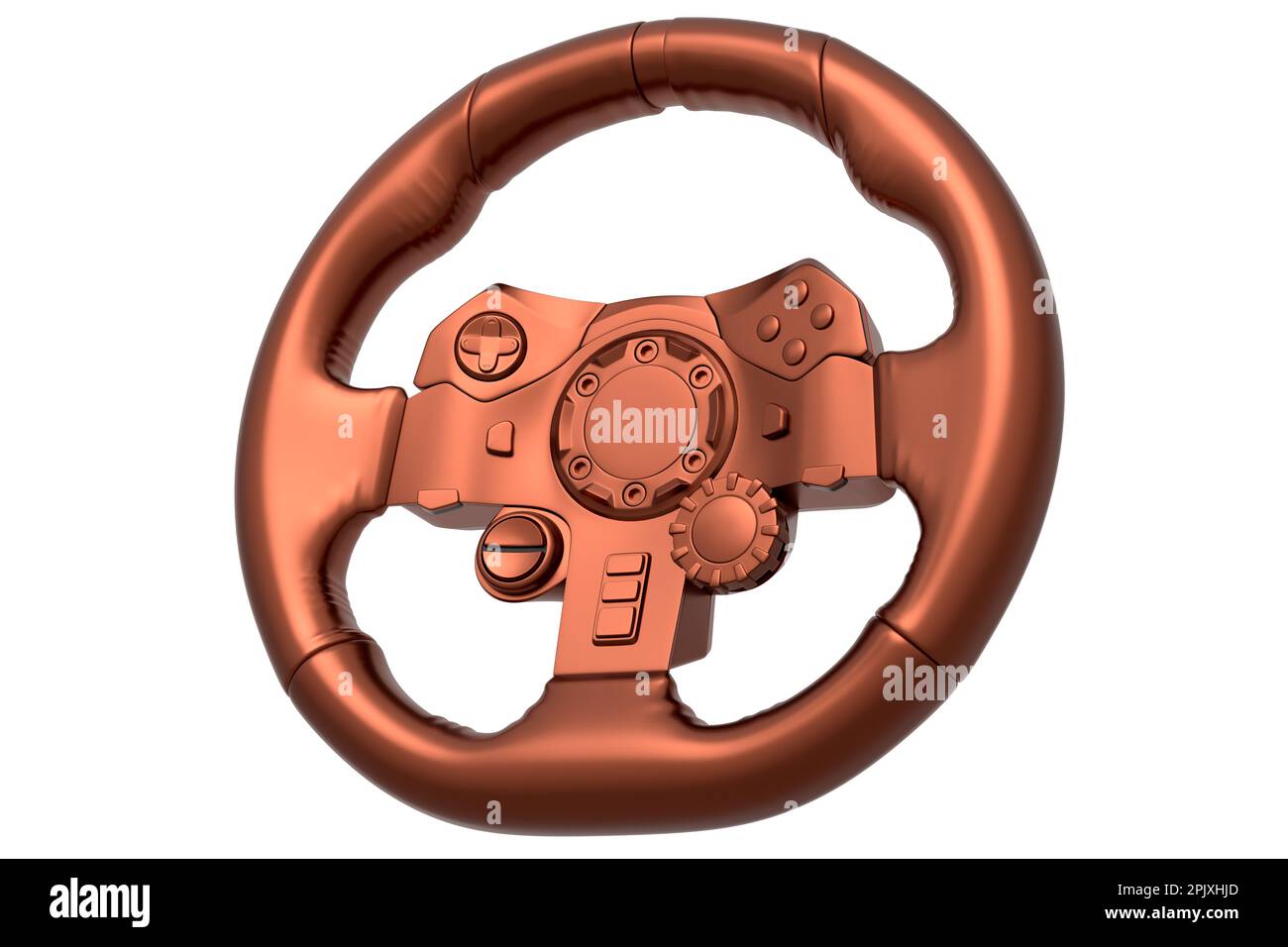 Realistic leather steering wheel with copper chrome texture on white ...