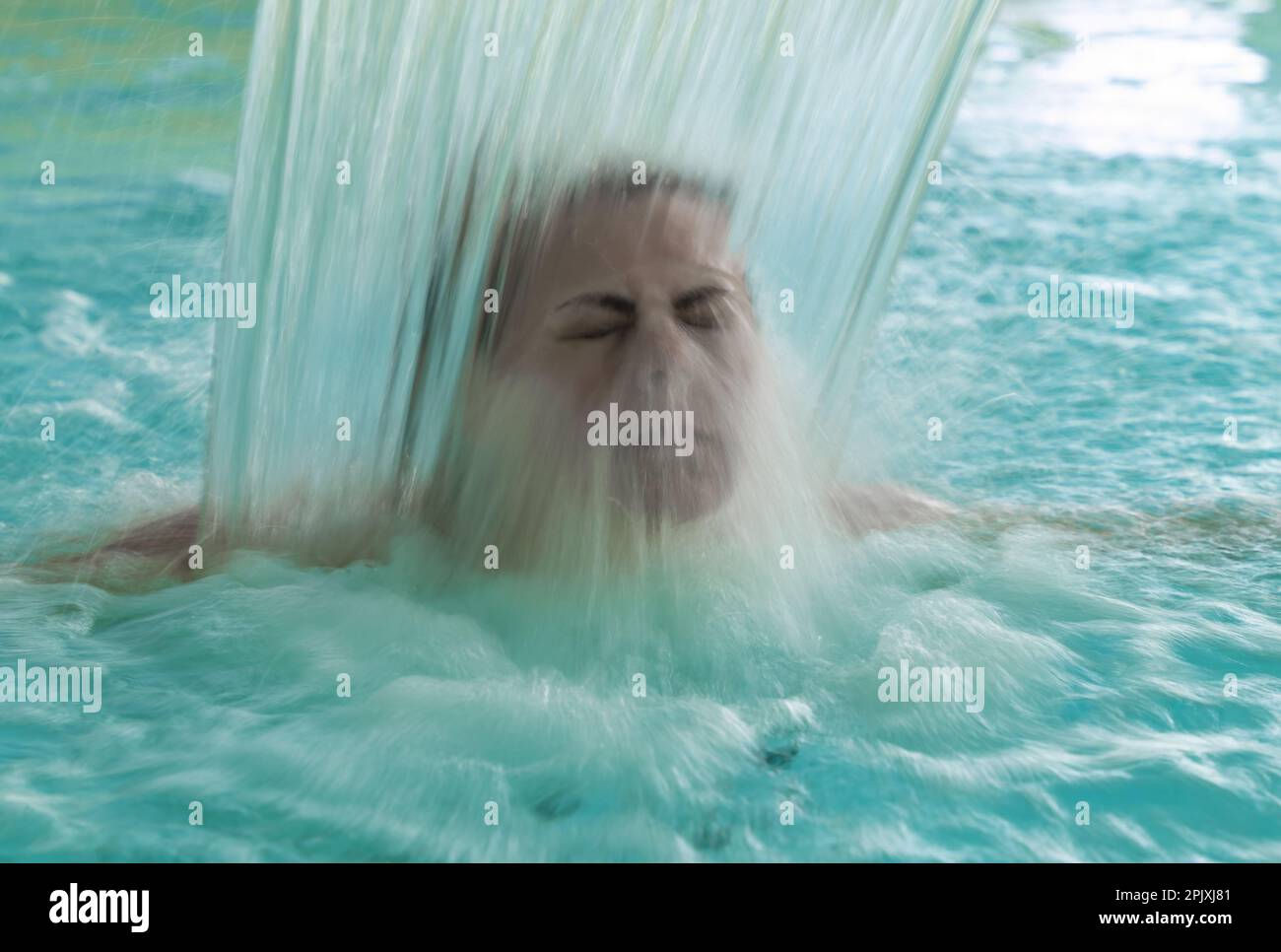 Woman Face Relax in a Hydromassage Pool with Falling Water in Long ...