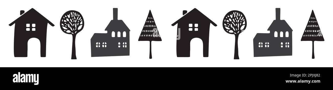 Monochrome woodland village bordure, edging of woodland cottage trim ...