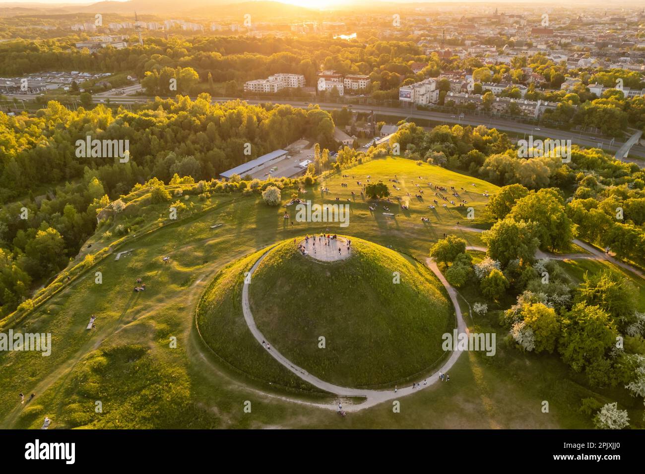Aerial view of the Krakus Mound with sunset view of the historical part ...