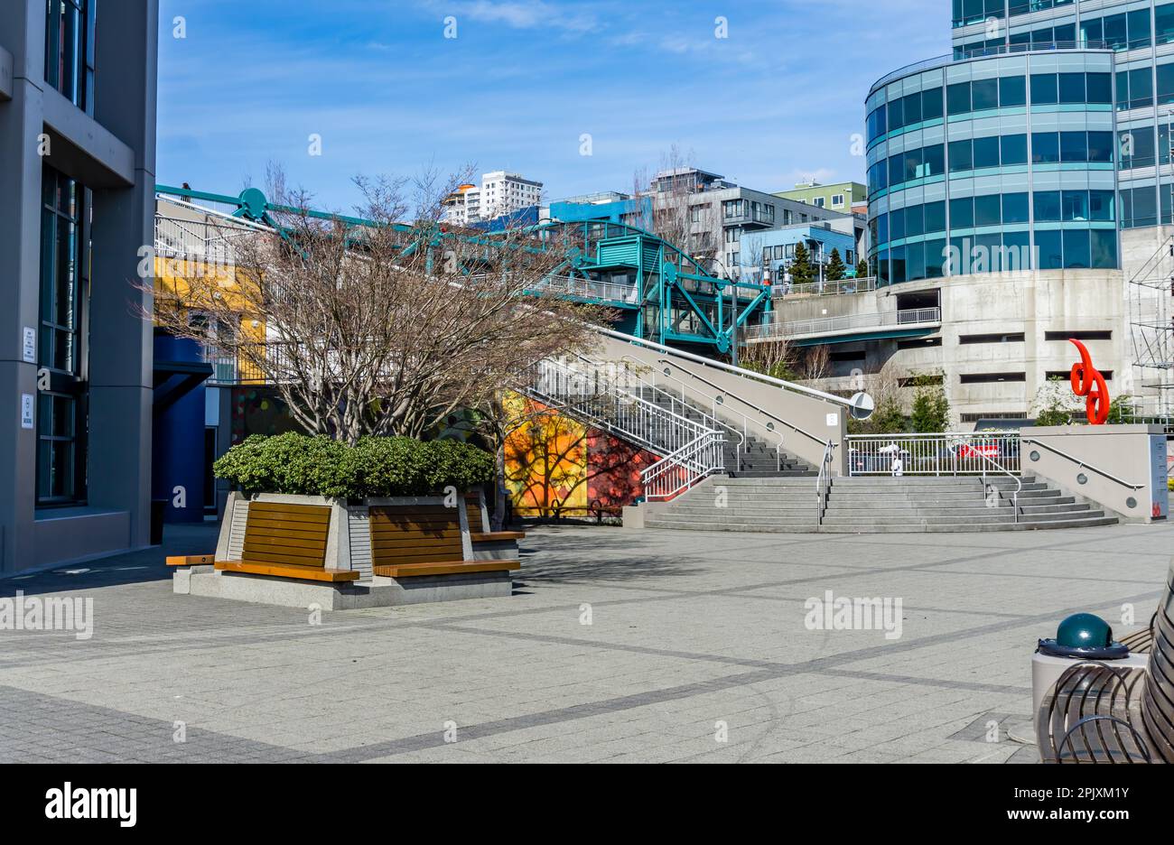 Stairs lead to a walking bridge on the waterfront in Seattle ...