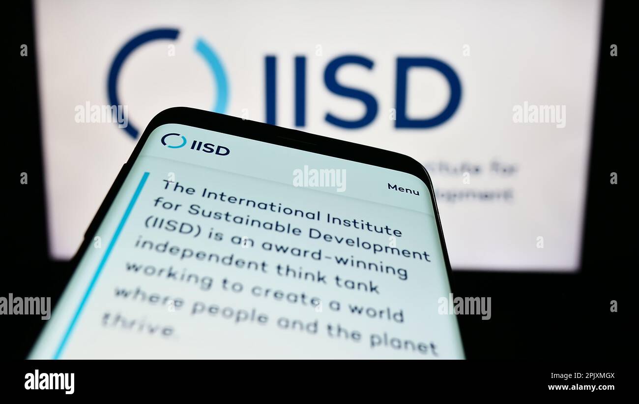 Mobile phone with website of think tank IISD institute on screen in ...