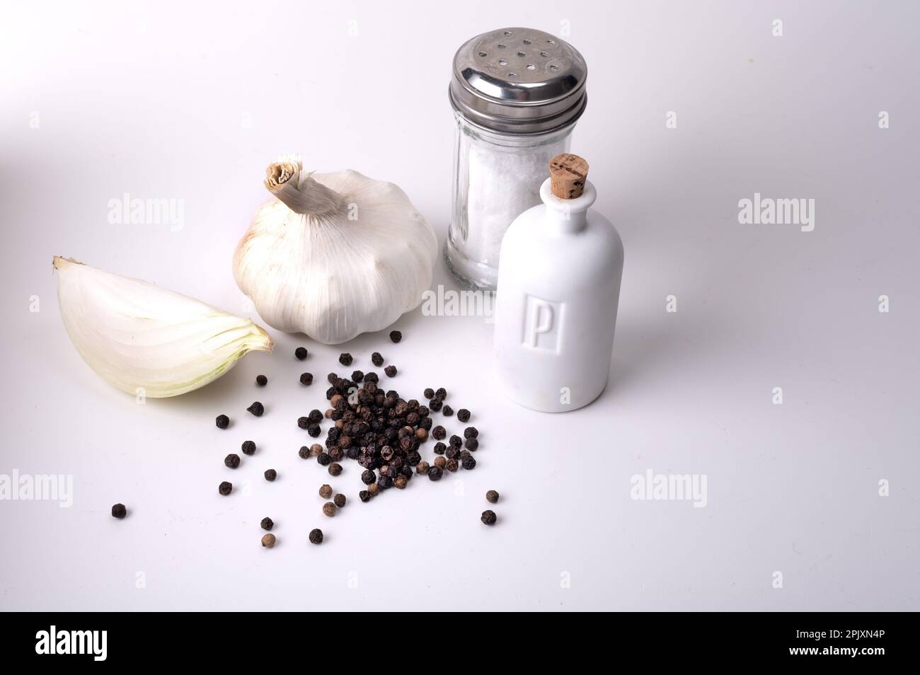 Onion and garlic pepper with salt shaker and pepper shaker Stock Photo ...