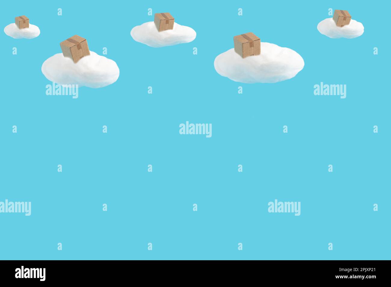 A vibrant image of packages floating through a white cloudy sky ...