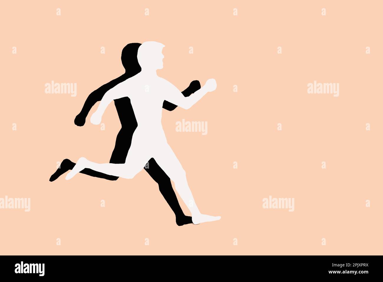 Silhouette white man black shadow is running on a beige background ...