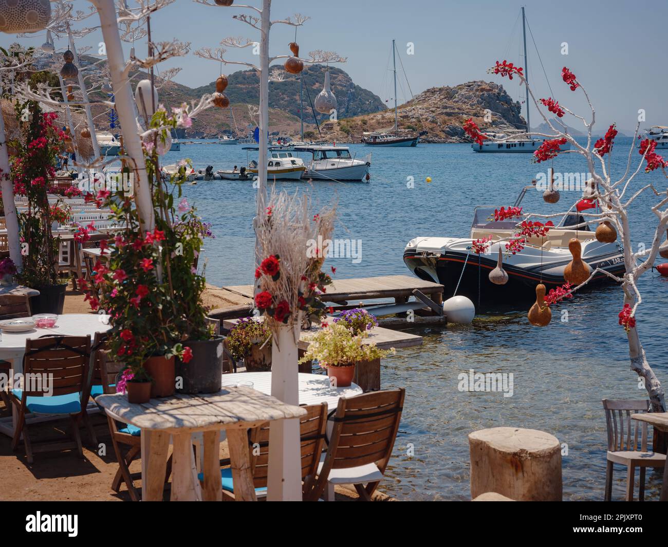 Bodrum summer travel to Turkey. Aegean fish restaurant table in ...