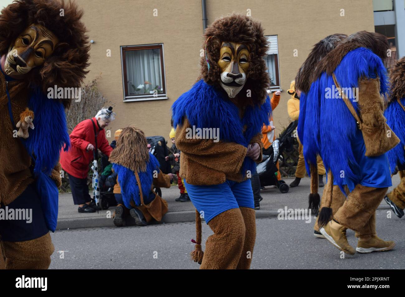A group of people wearing lion costumes during a traditional fool's ...