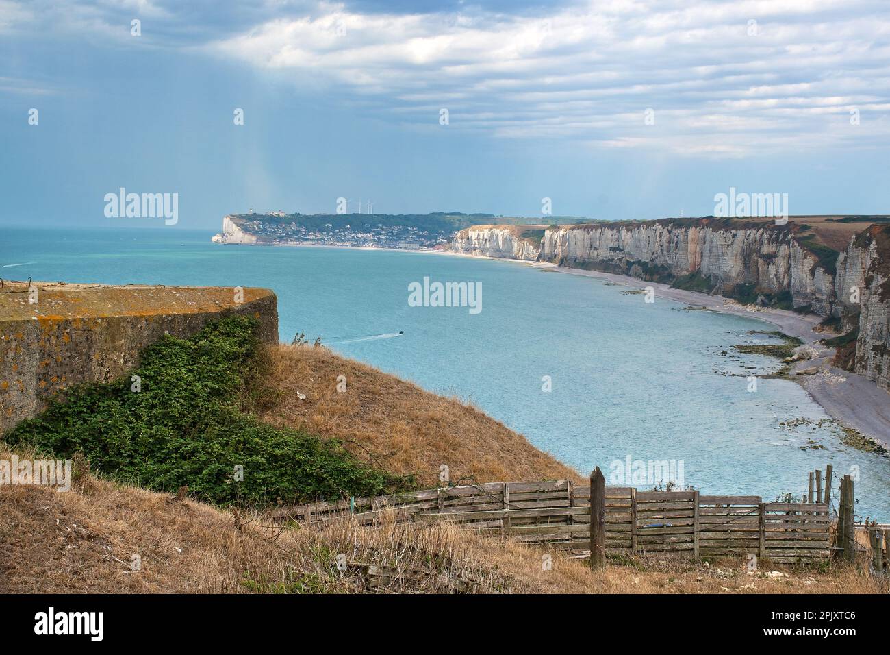 View from the Falaise d'Aval near Yport over the Falaise d'Amont to Fécamp. Bunker in the ...