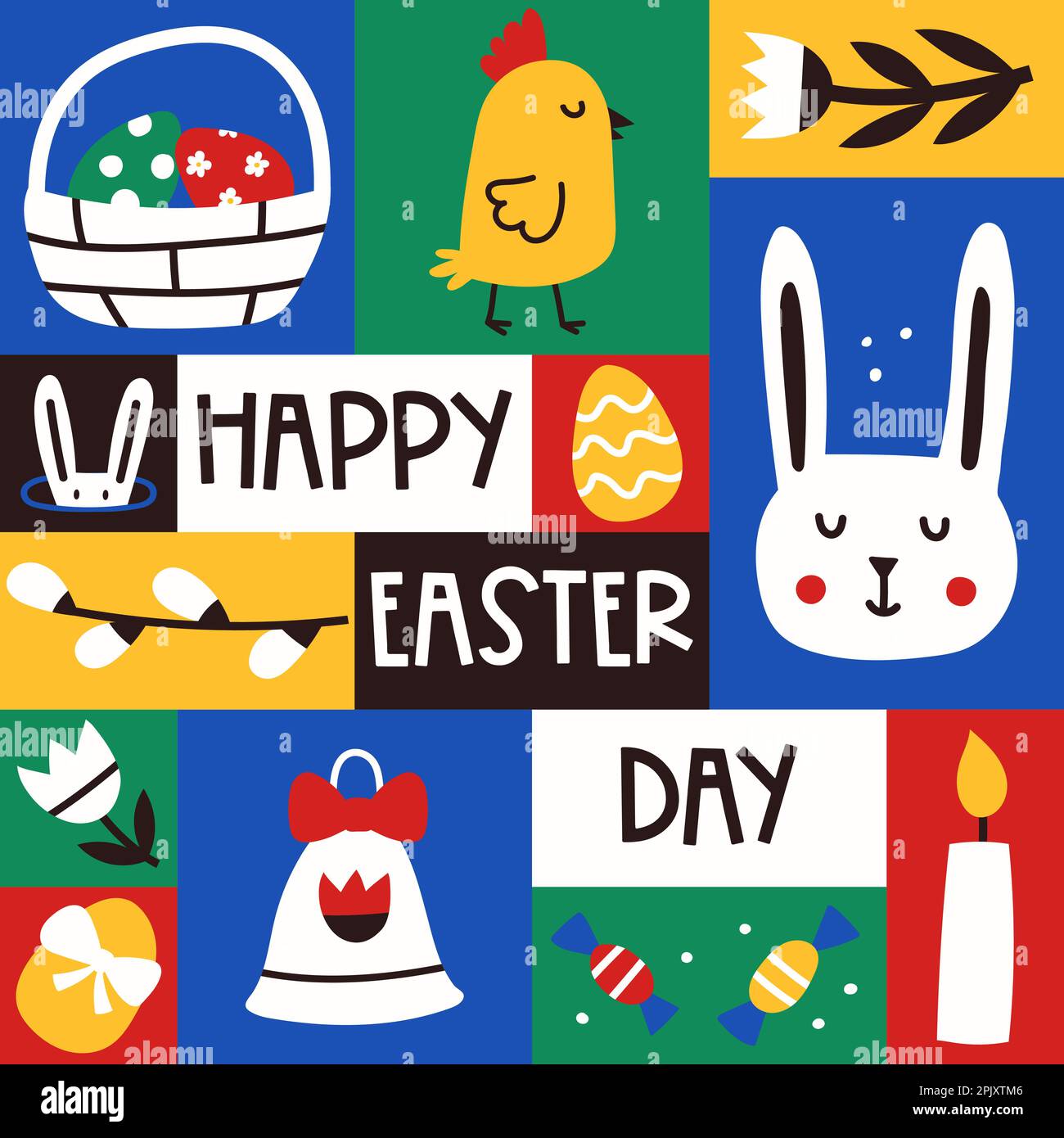 Easter poster. Square graphic poster with cute flat symbols of Easter ...