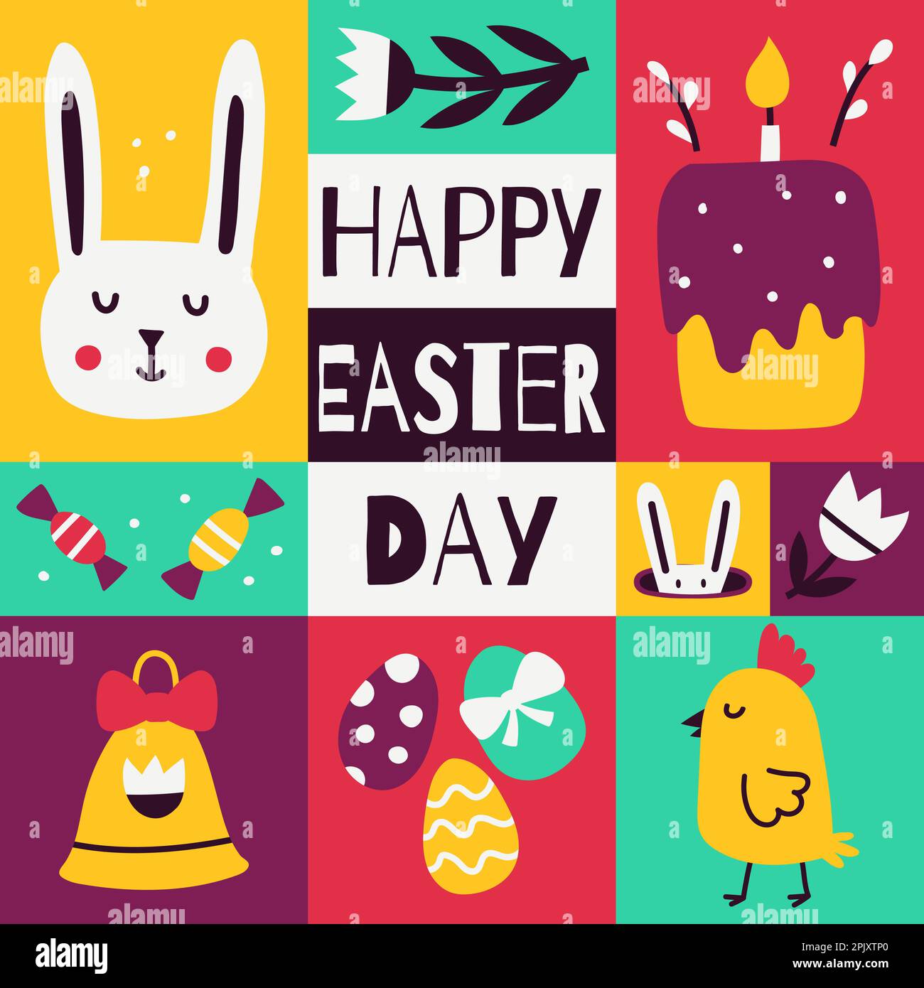 Easter poster. Square graphic poster with cute flat symbols of Easter ...