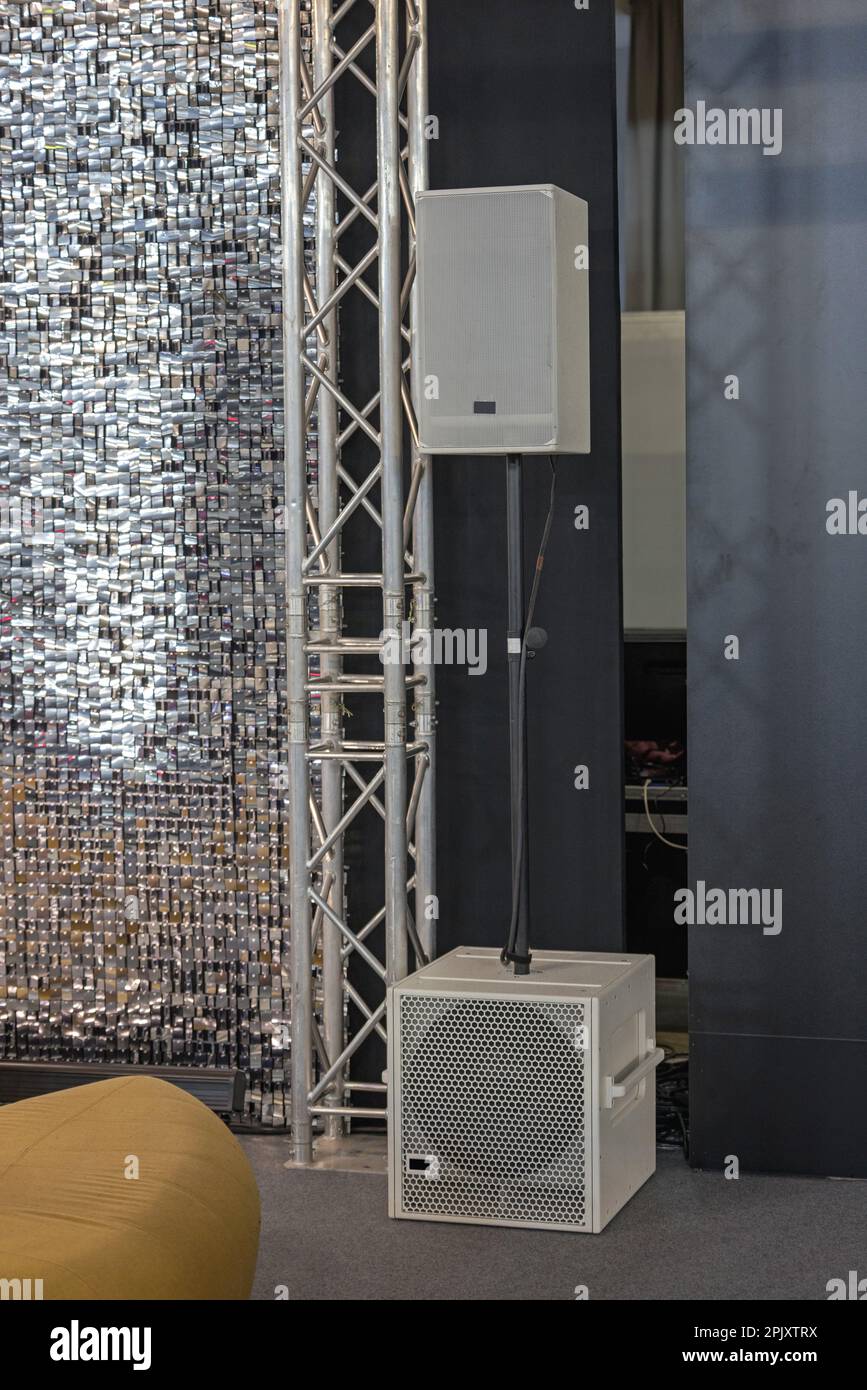 White Audio Speaker at Pole With Subwoofer Set in Disco Club Stock ...