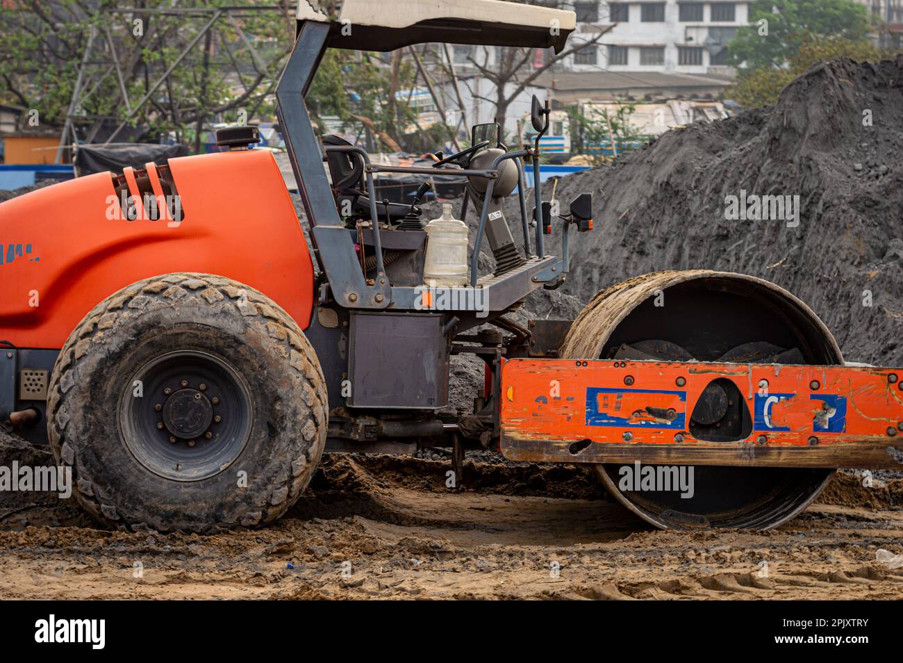 Road Repairing roller compactor car at work . Roadways Construction ...