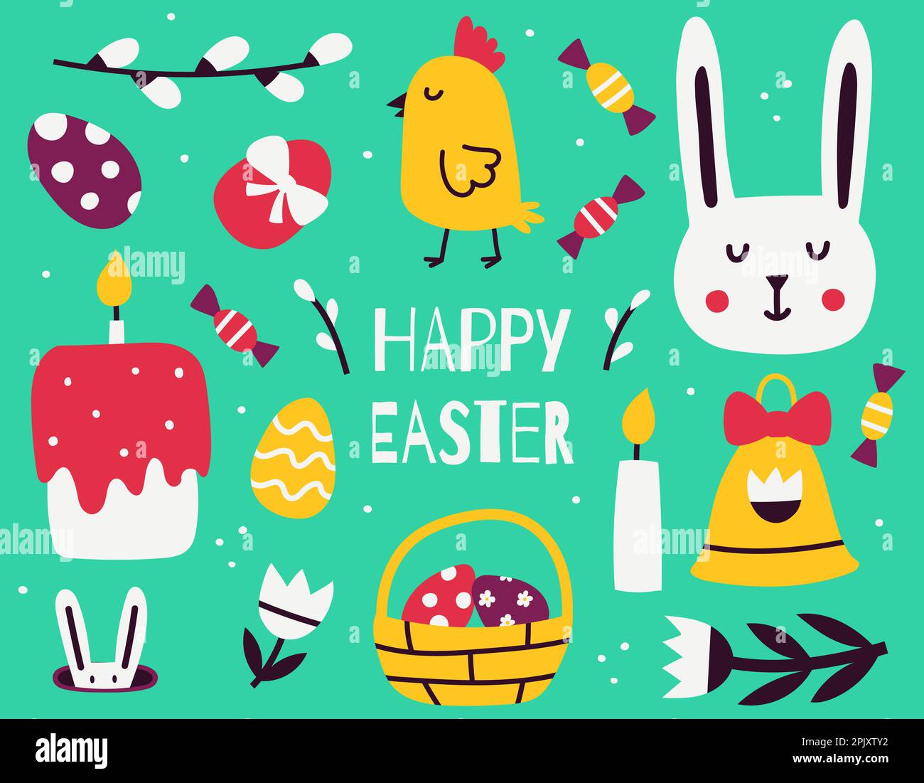Happy Easter day. Set of simple freehand Easter design elements. Cute ...