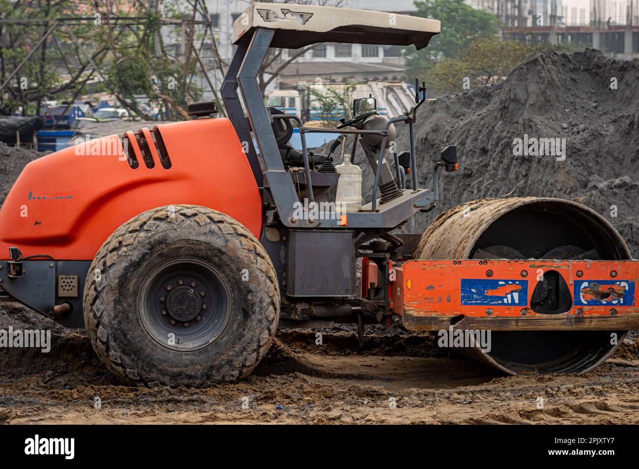 Road Repairing roller compactor car at work . Roadways Construction ...