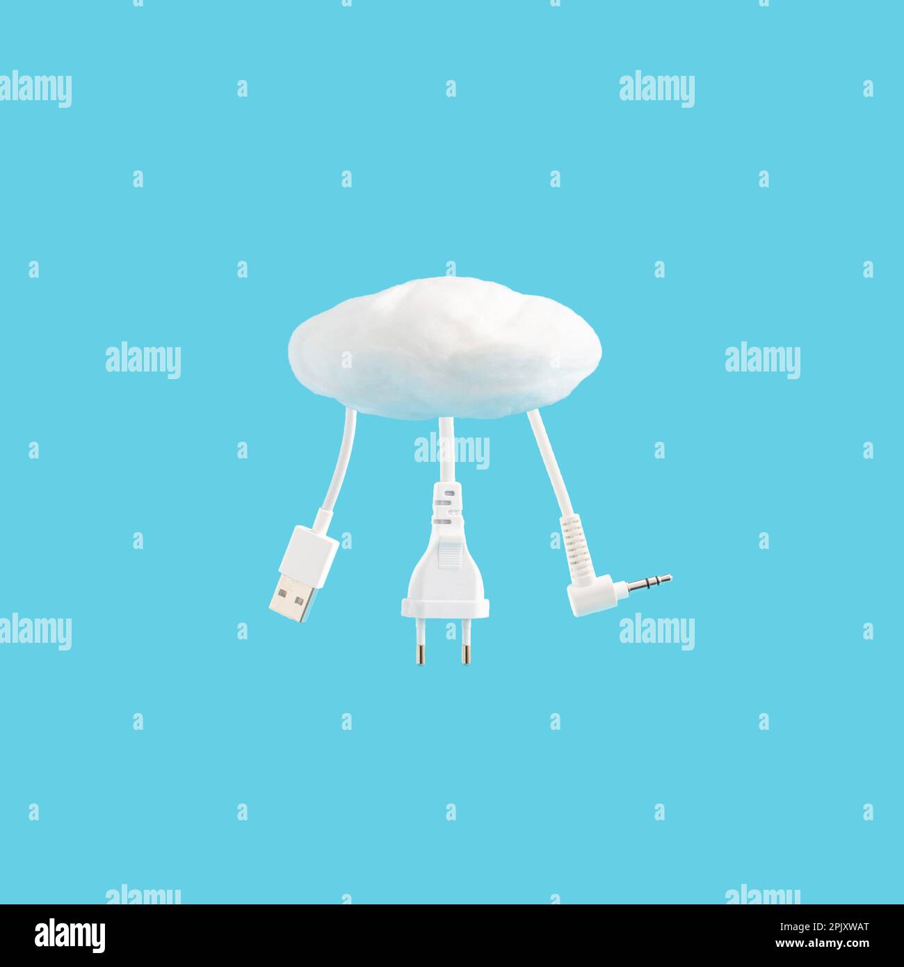 Different types of electrical plugs connected to clouds, online data ...