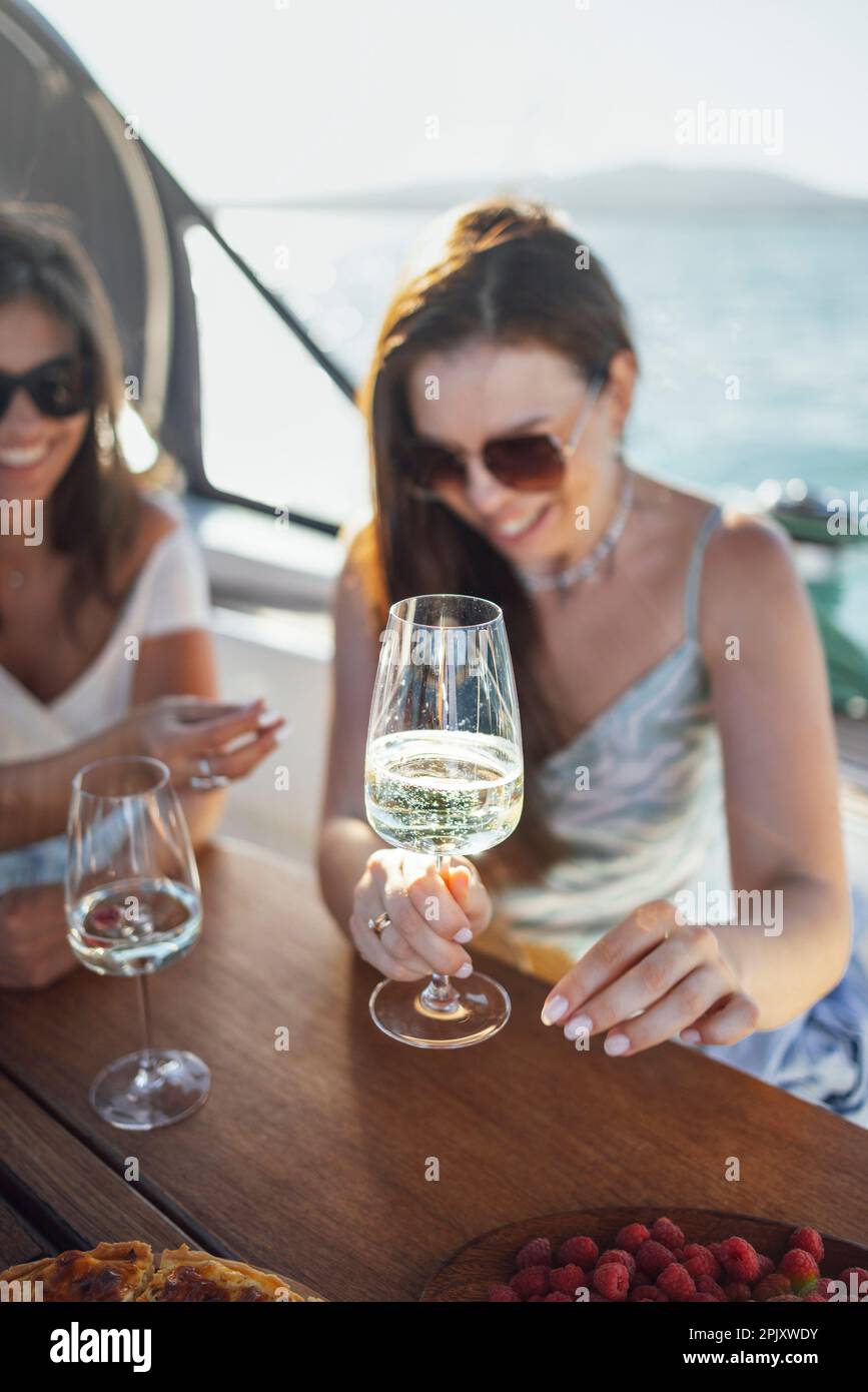 Festive banquet on board the ship. Close up of table with delicious ...