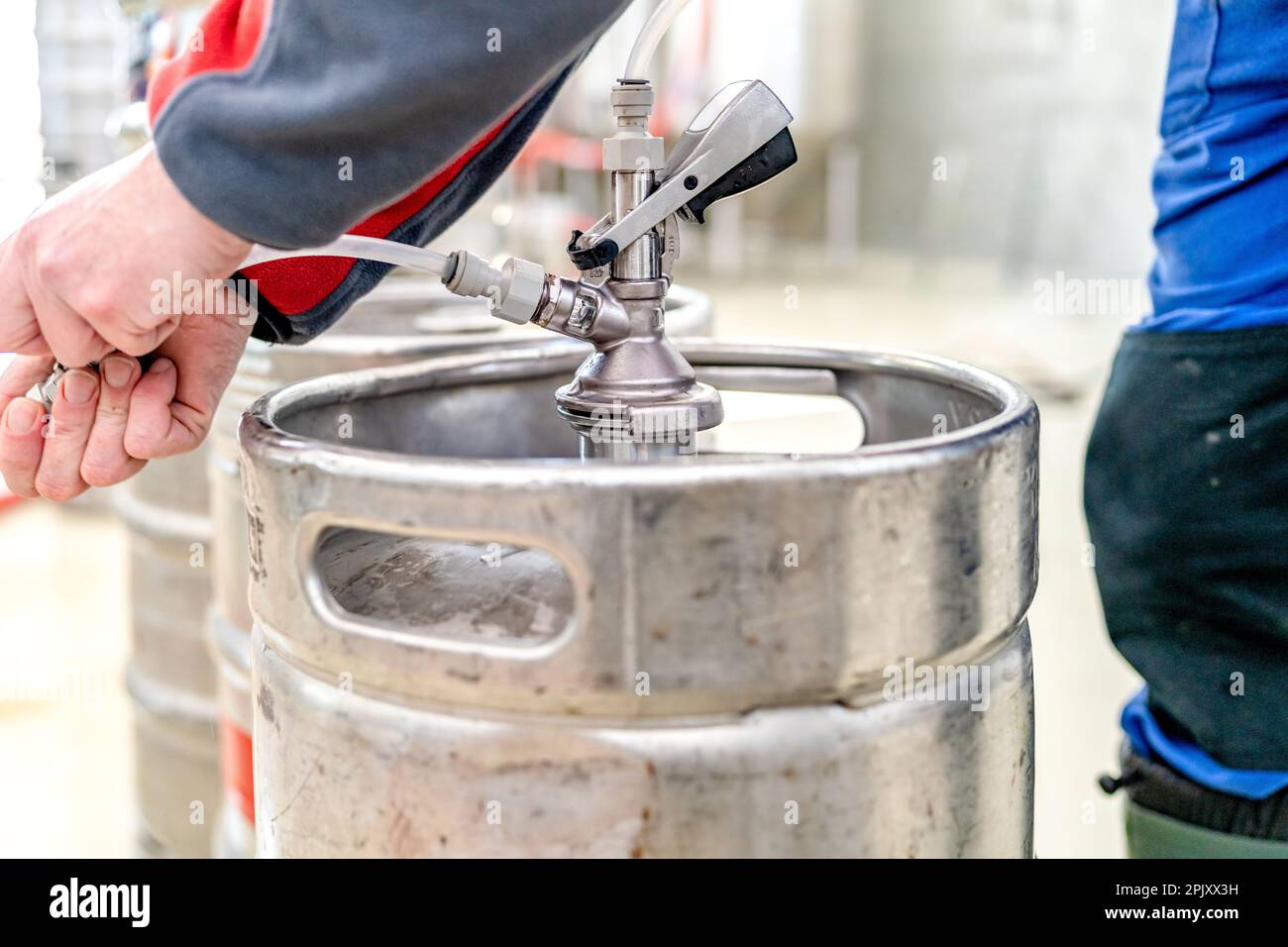 beer keg connected in pub. beer keg head Stock Photo - Alamy
