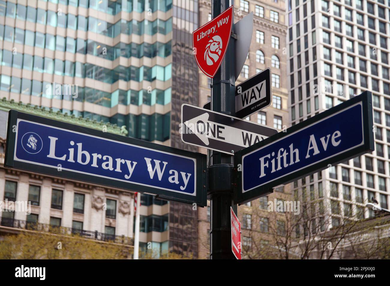 Blue Library Way and Fifth Avenue historic sign in midtown Manhattan in ...