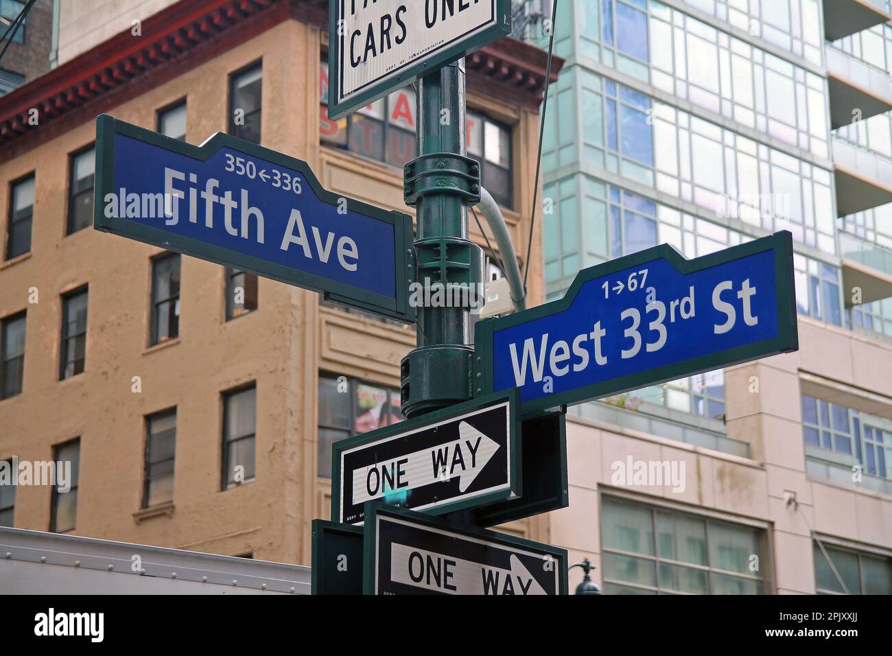 Blue West 33rd Street and Fifth Avenue historic sign in midtown ...