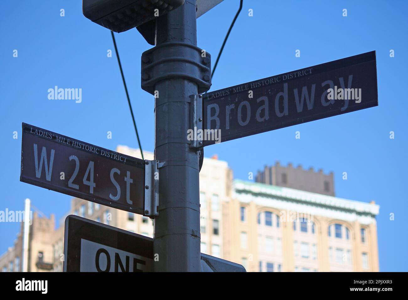 Brown West 24th Street and Broadway historic sign in Midtown Manhattan ...