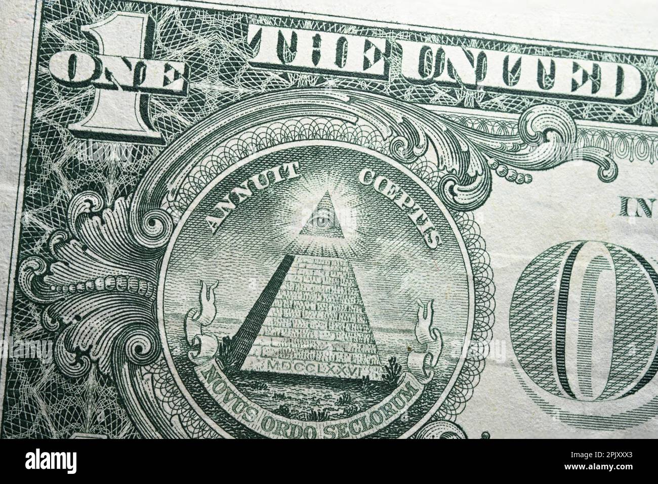 Detail extreme close-up of a one dollar banknote with clearly visible ...