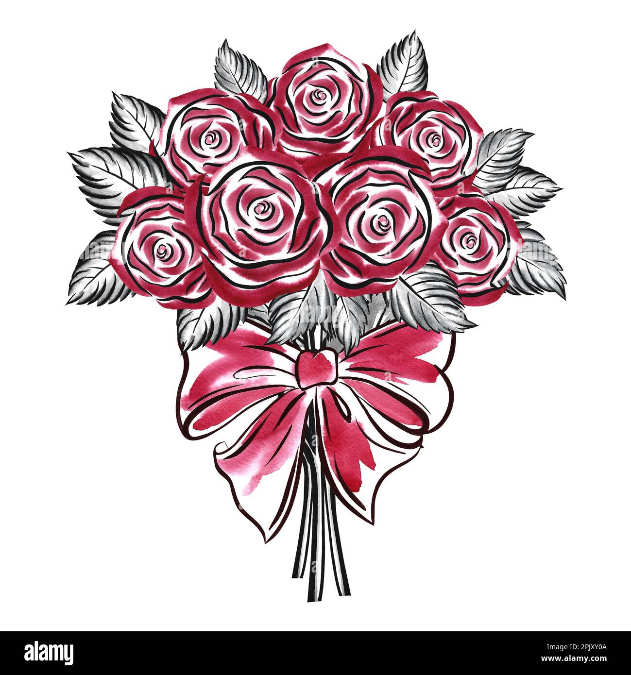 Bouquet of roses. The flowers are tied with a magenta bow. Hand drawn ...
