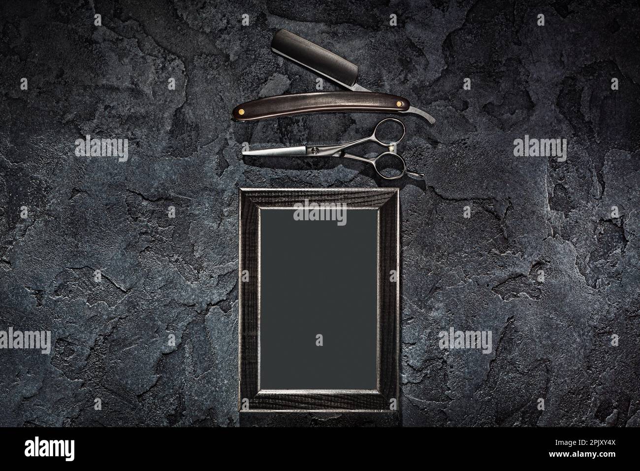 Black Stright Razor Scissors And Empty Frame In Barbershop Concept On ...