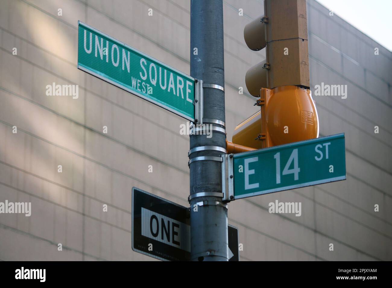 Green East 14th Street and Union Square traditional sign in Midtown ...
