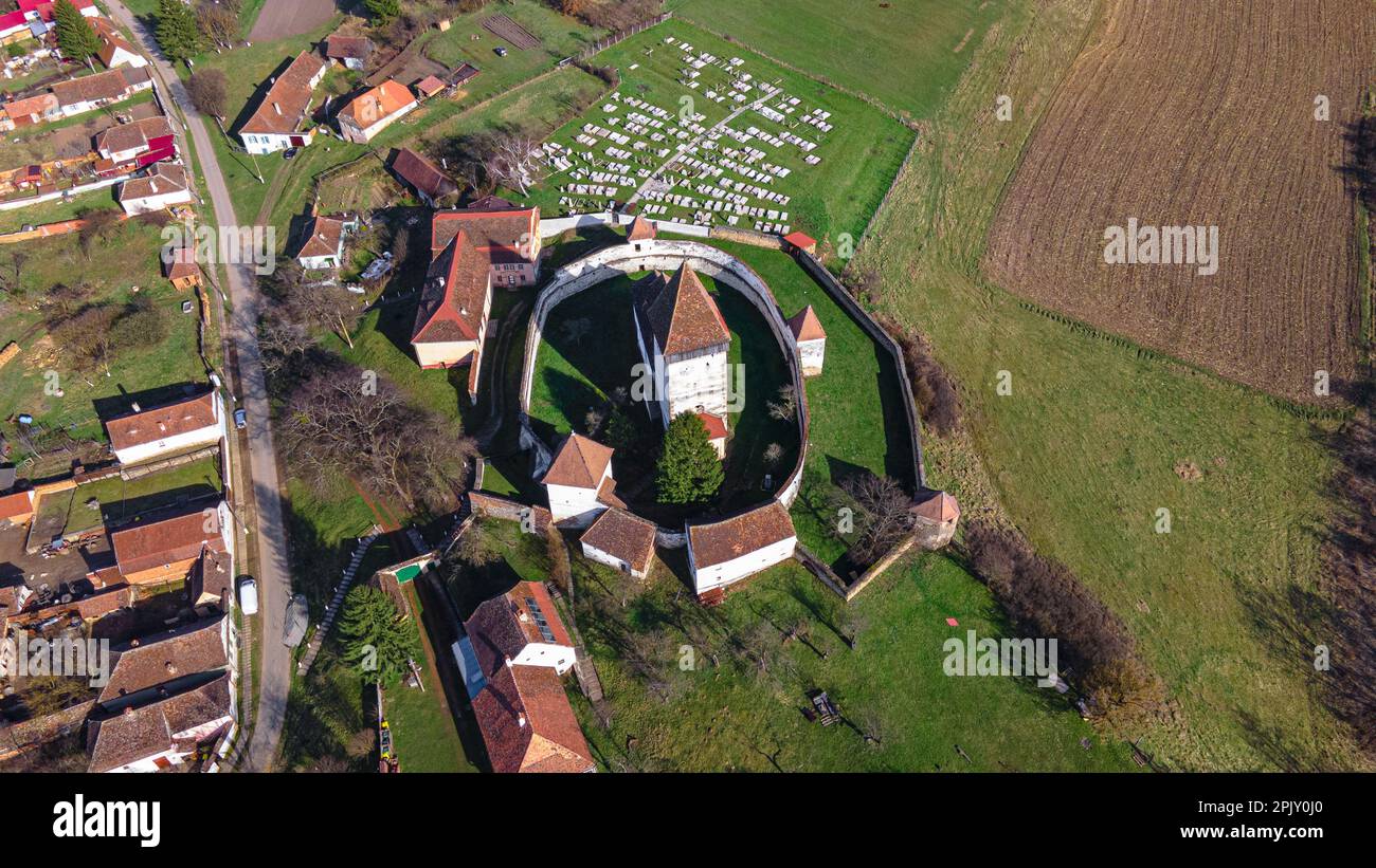 Aerial photography of the fortified church located at Hosman, Sibiu ...