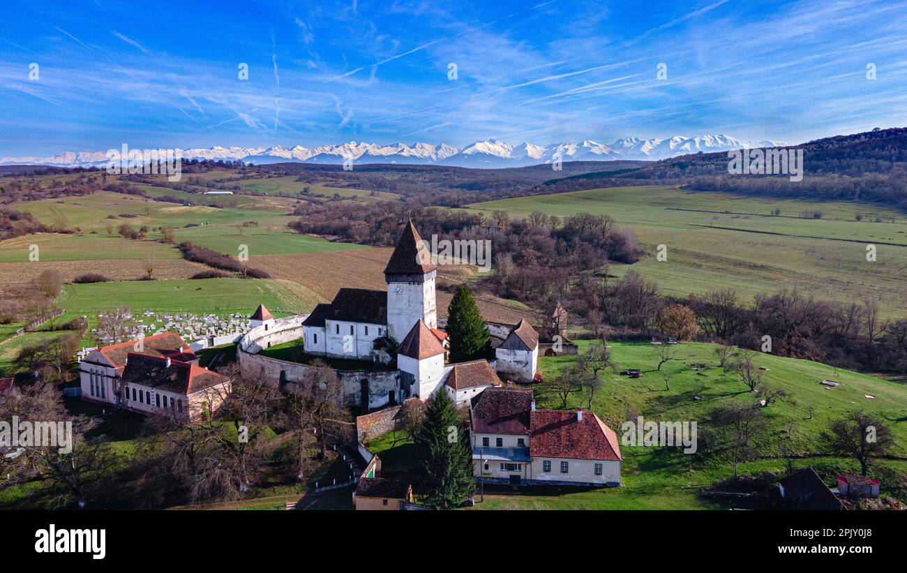 Aerial photography of the fortified church located at Hosman, Sibiu ...