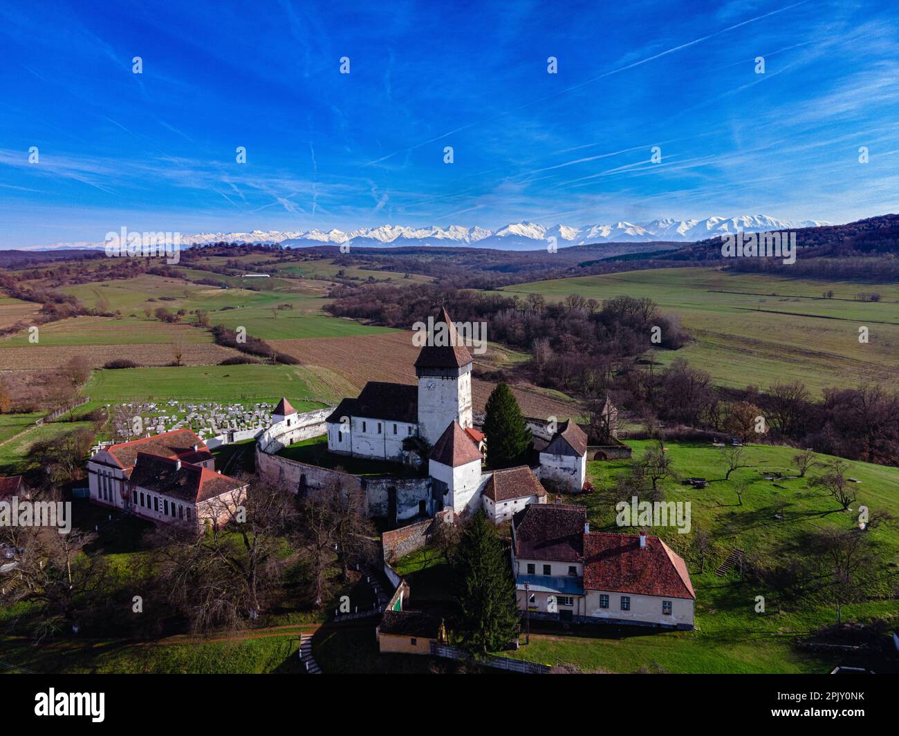 Aerial photography of the fortified church located at Hosman, Sibiu ...