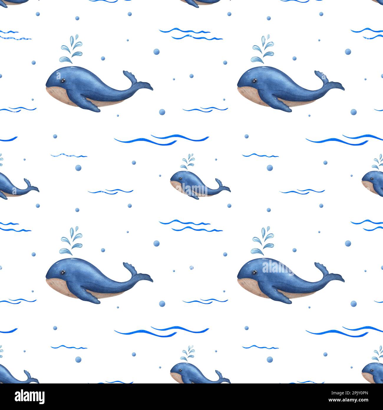 Watercolor underwater seamless pattern of cartoon whales isolated on ...