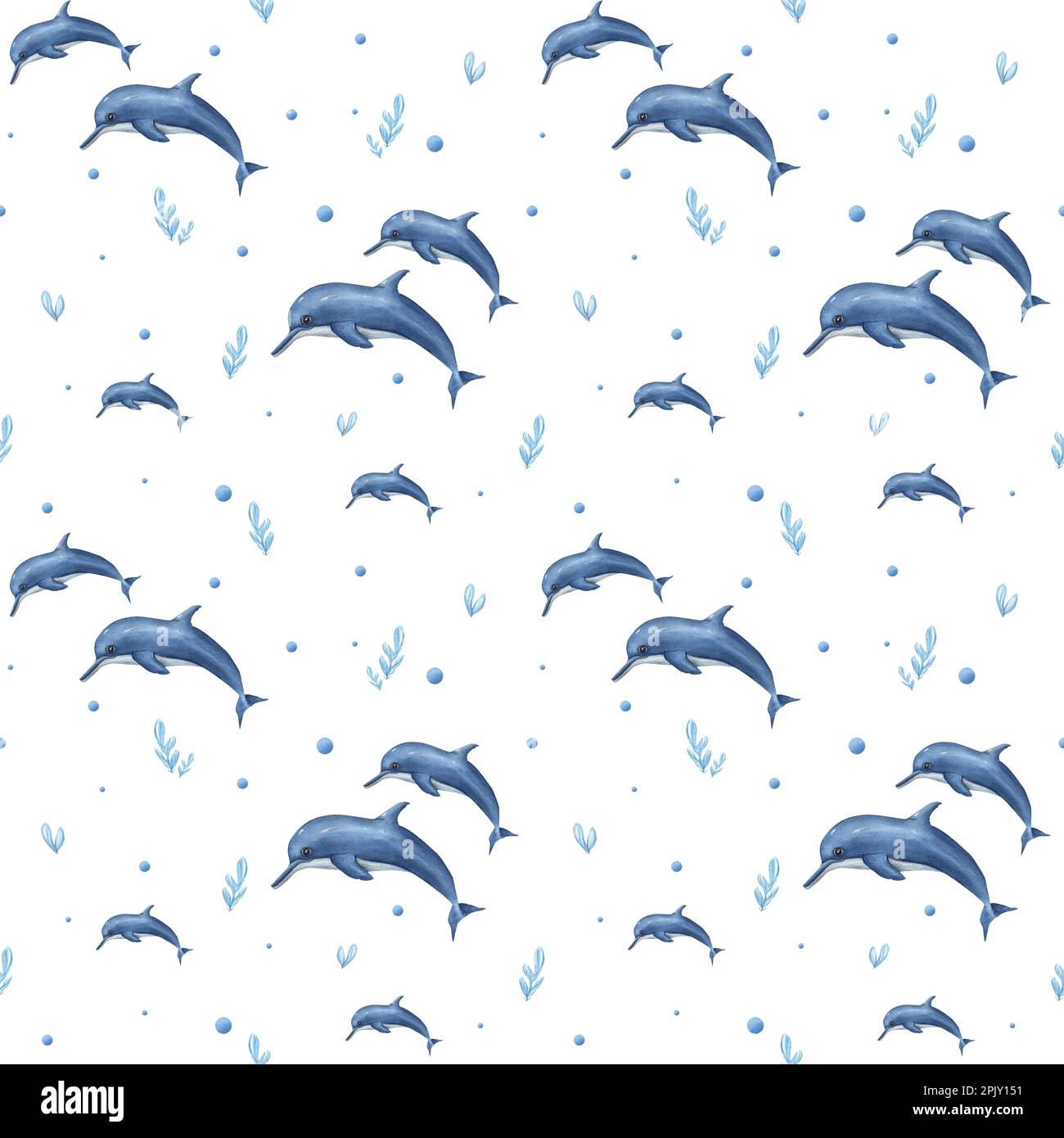 Watercolor underwater seamless pattern of cartoon dolphins isolated on ...
