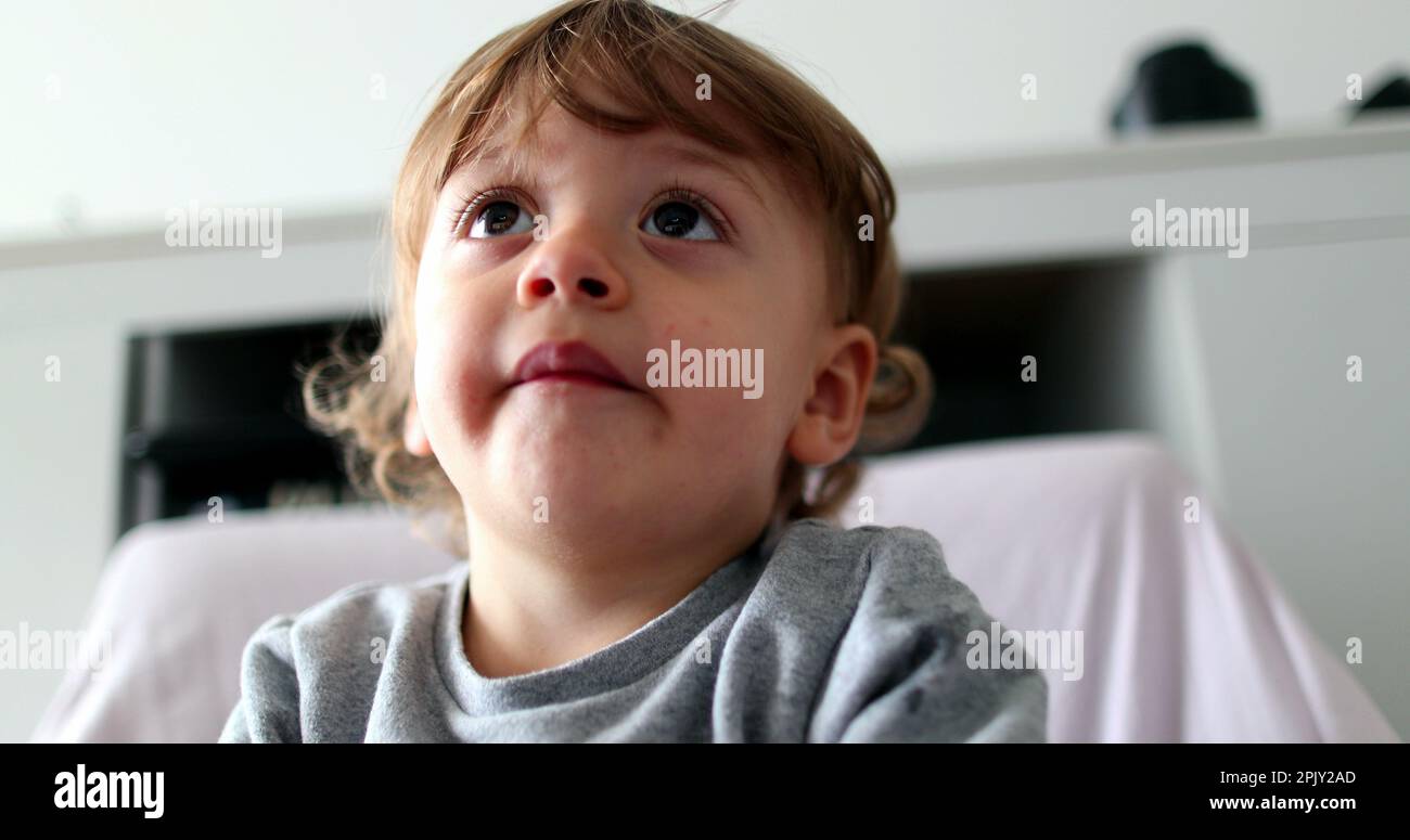 Portrait baby boy hypnotized by screen, child face watching cartoon ...