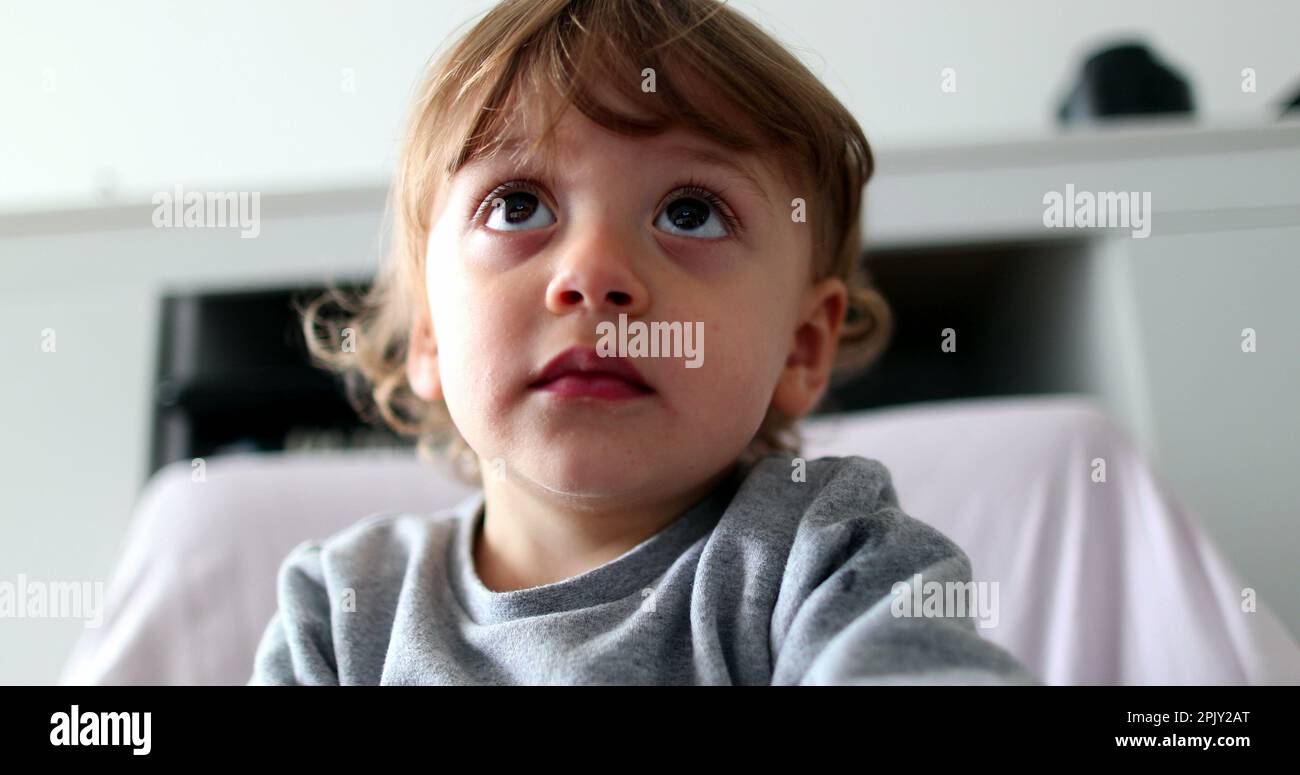 Portrait baby boy hypnotized by screen, child face watching cartoon ...
