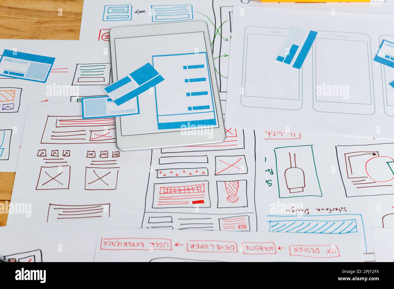 Top view of Creative flat lay UX designer working space and office ...