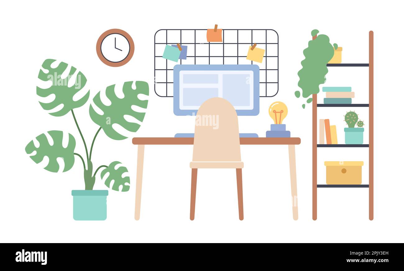 Aesthetic cozy workspace at home 2D vector isolated spot illustration ...