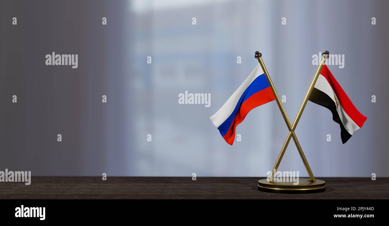 Russia and Egypt flags on table. Negotiation between Egypt and Russia ...