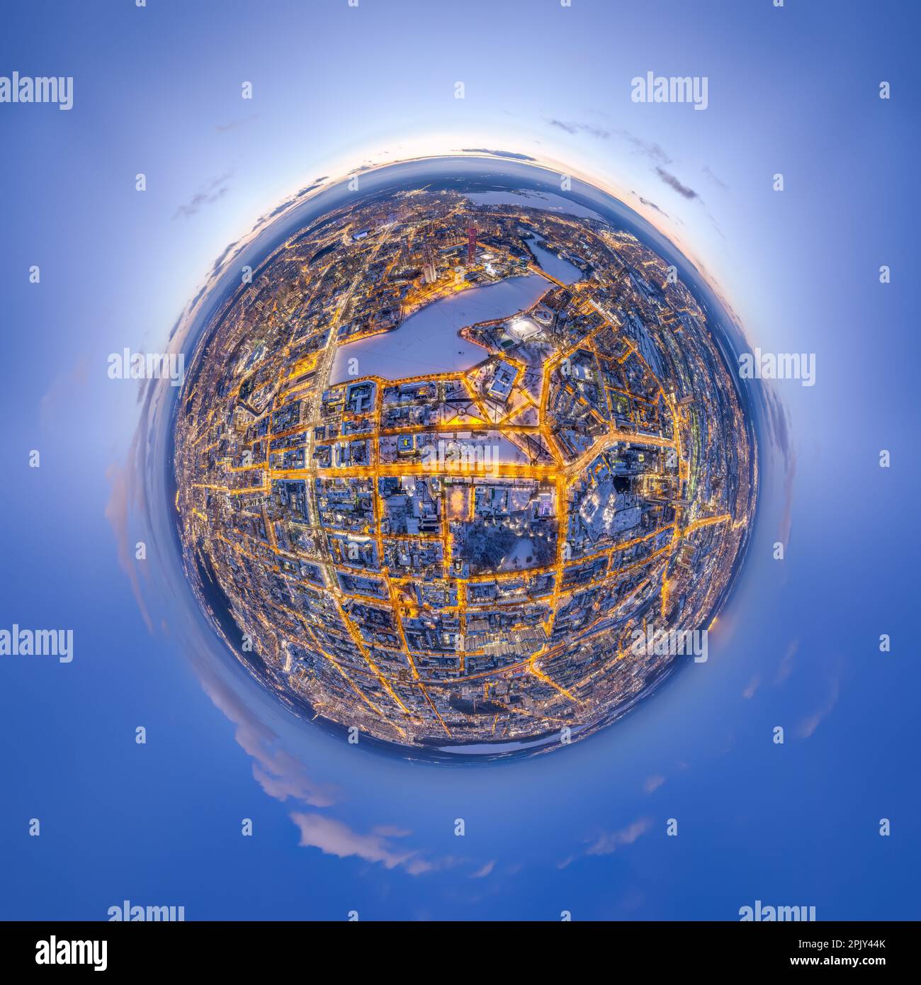 Aerial winter city view, Little planet sphere mode. Yekaterinburg city ...