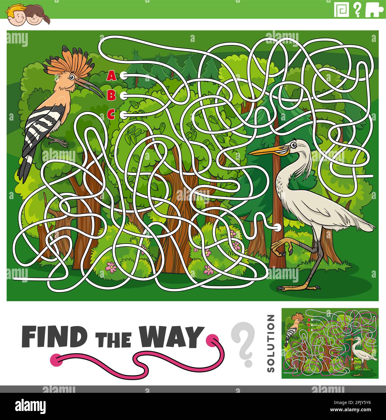Cartoon illustration of find the way maze puzzle game with hoopoe and ...