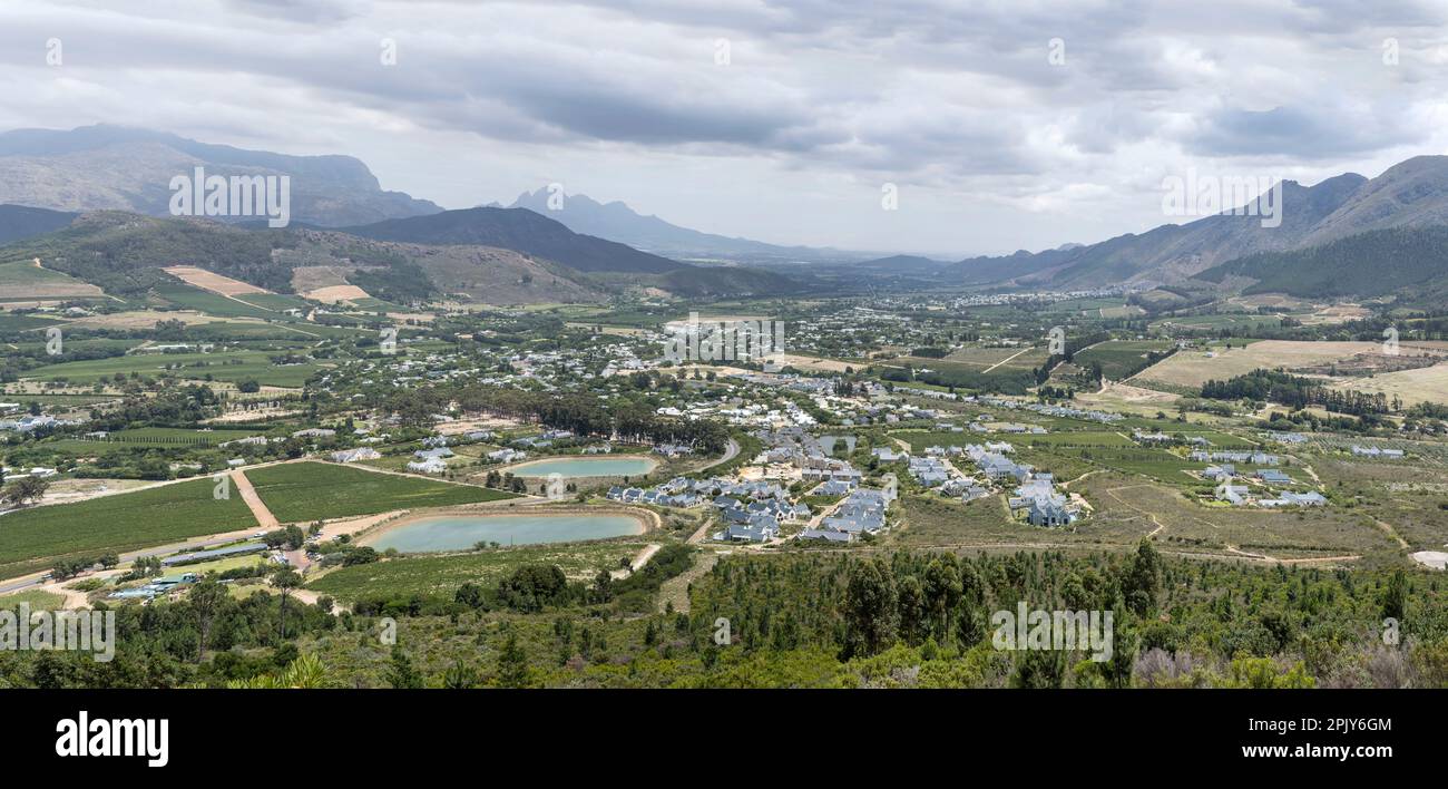 aerial landscape with Franchhoek and its valley, shot in bright summer ...